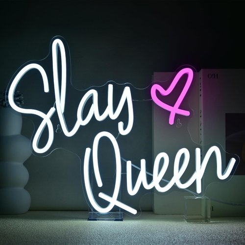 FAXFSIGN Slay Queen Neon Sign White Pink LED Neon Light Up Signs for W ...