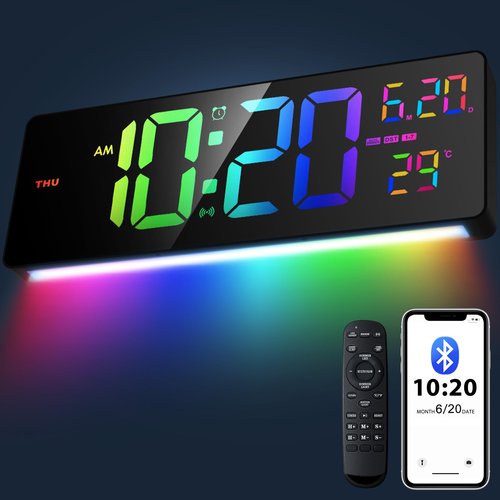 16" Bluetooth Large Digital Wall Clock/Auto Time Sync, 10 RGB Colors D ...