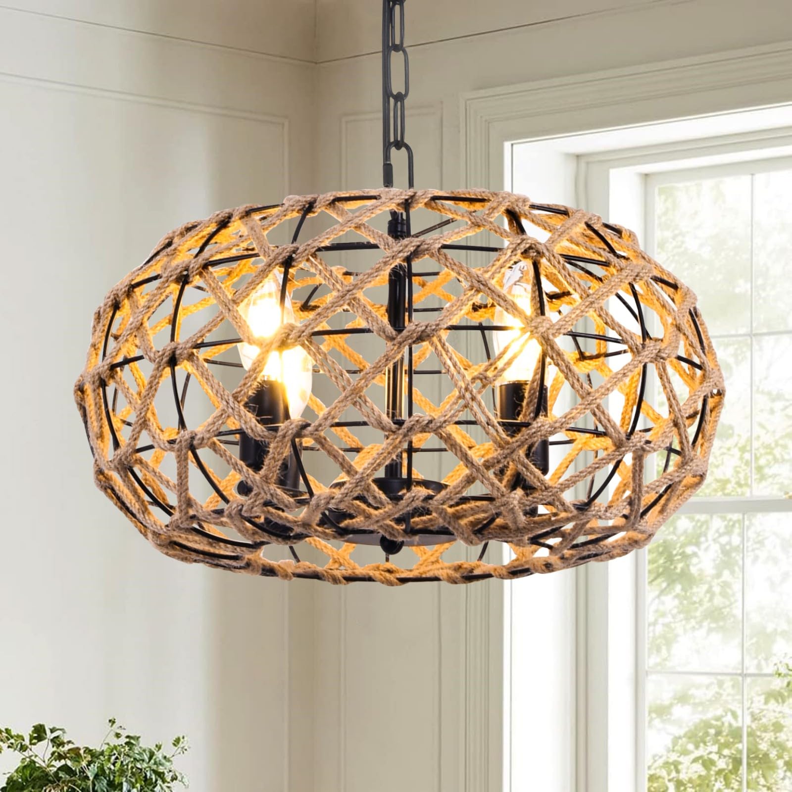 Rattan Pendant Light, Rustic Woven Boho Chandelier Lamp Vintage Wicker ...